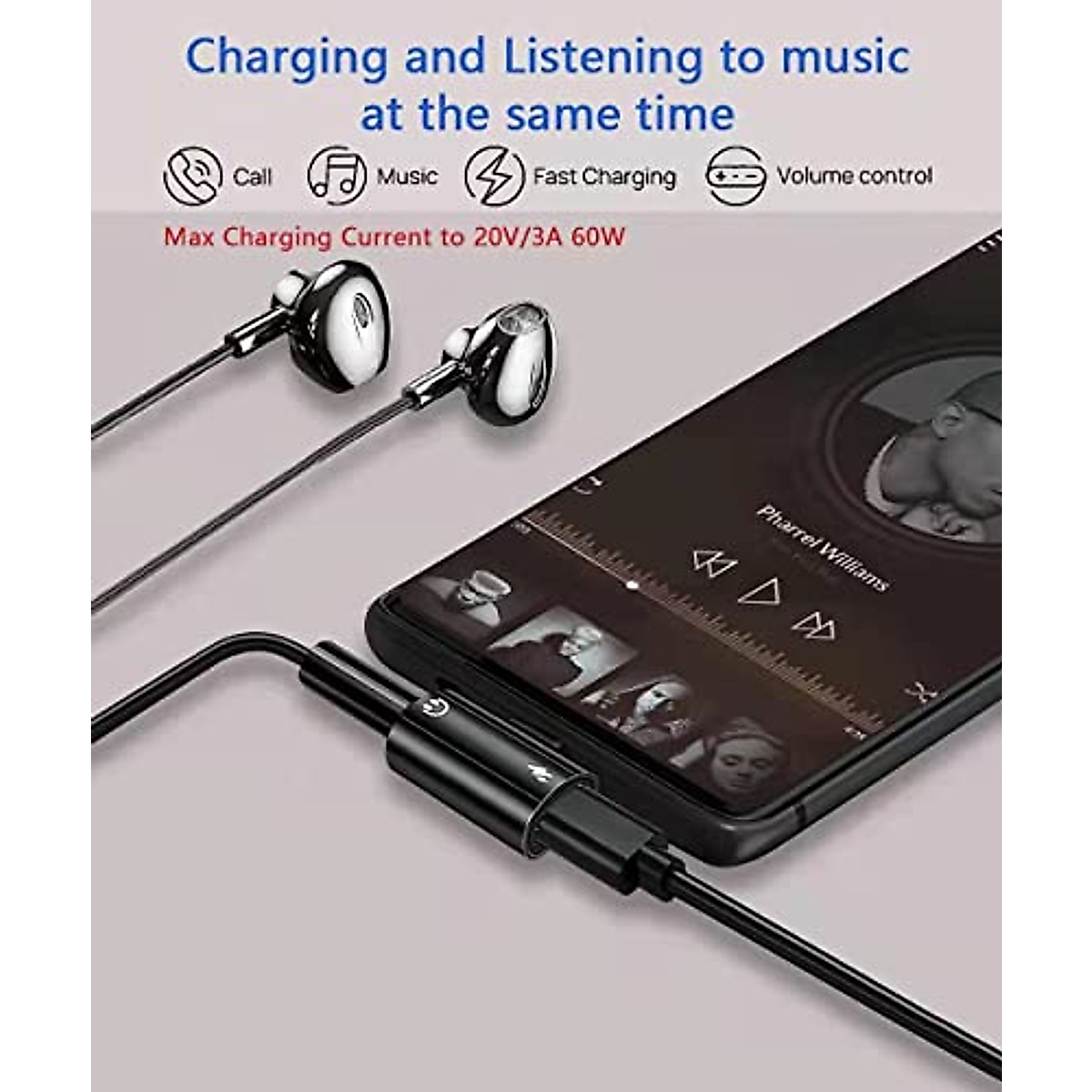 USB C to 3.5mm Headphone and Charger Adapter, 2 in 1 USB C to 3.5mm Aux Headphone Jack with 60W PD Fast Charging Dongle Compatible with Samsung Galaxy S22/S22 Ultra/S21/S21+/S21 FE, Google Pixel 5/4