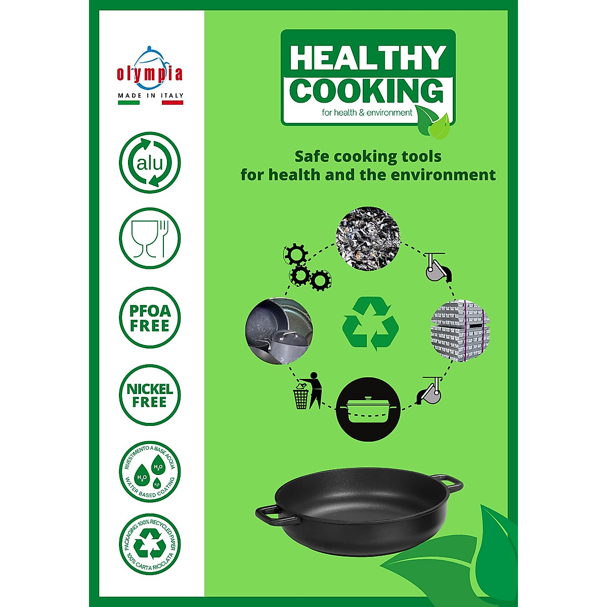 Olympia Hard Cook 11 Inch Die Cast Aluminum Deep Pan With 2 Side Handles and Glass Lid