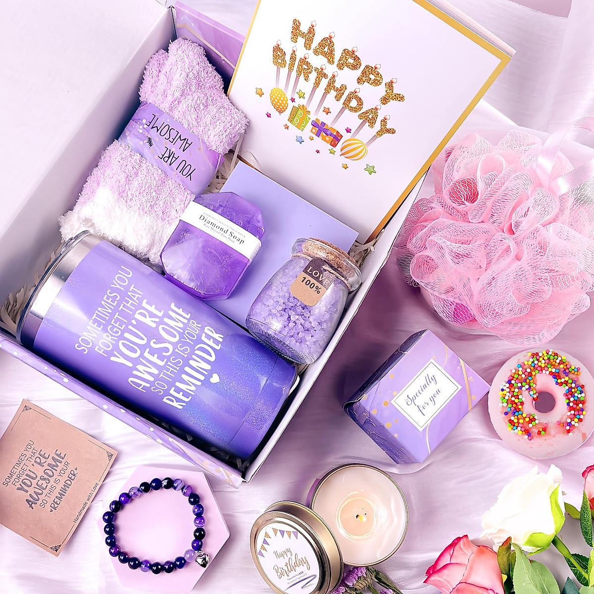 Birthday Gifts for Women, Happy Birthday Relaxing Spa Gifts Basket for Women, Purple Gift Box Set for Mom Sister Female Friends Wife Girlfriend Daughter, Unique Gifts for Women Who Have Everything