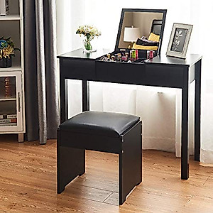 Vanity Table with Flip Top Mirror, Solid Wood Makeup Dressing Table , Writing Desk with Cushioned Stool Set, 2 Drawers for Different Sized Makeup Accessories, Bedroom Bathroom Organizers (Black)