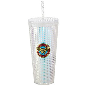 Spoontiques - Diamond Tumbler - Textured Cup with Straw - Double Wall Insulated and BPA Free - 20 oz - Wonder Woman