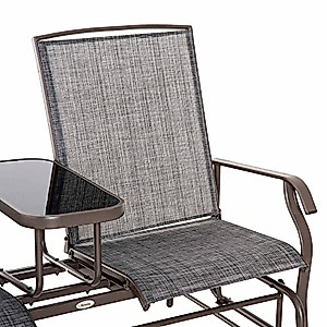 Outsunny Outdoor Glider Bench with Center Table, Metal Frame Patio Loveseat with Breathable Mesh Fabric and Armrests for Backyard Garden Porch, Gray