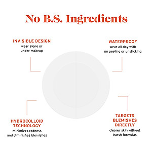 No B.S. (No Bad Stuff) Healing Acne Patches with Hydrocolloid, Waterproof, Invisible Pimple Patches, Wear Under Makeup & Sunscreen, Acne Skin Care for Women & Men, Spot Patches for Pimples, 36 CT