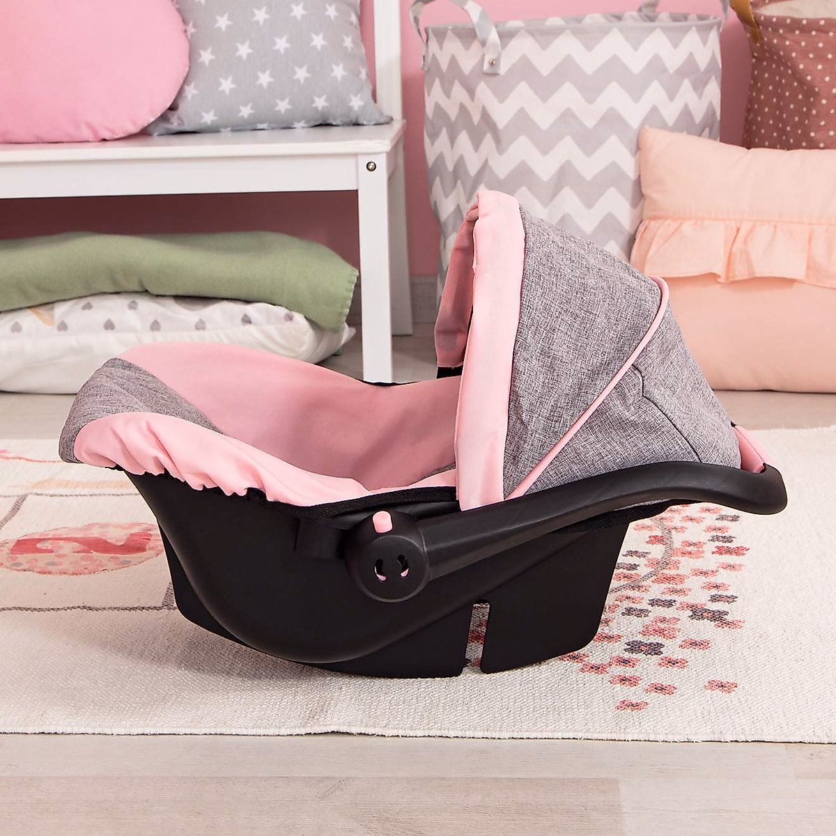 Bayer Design 67933AA Toy, Car Seat Easy Go for Neo Vario Pram with Cover, Doll Accessories, Pink, Grey with Butterfly,Grey/pink, for dolls up to 18"