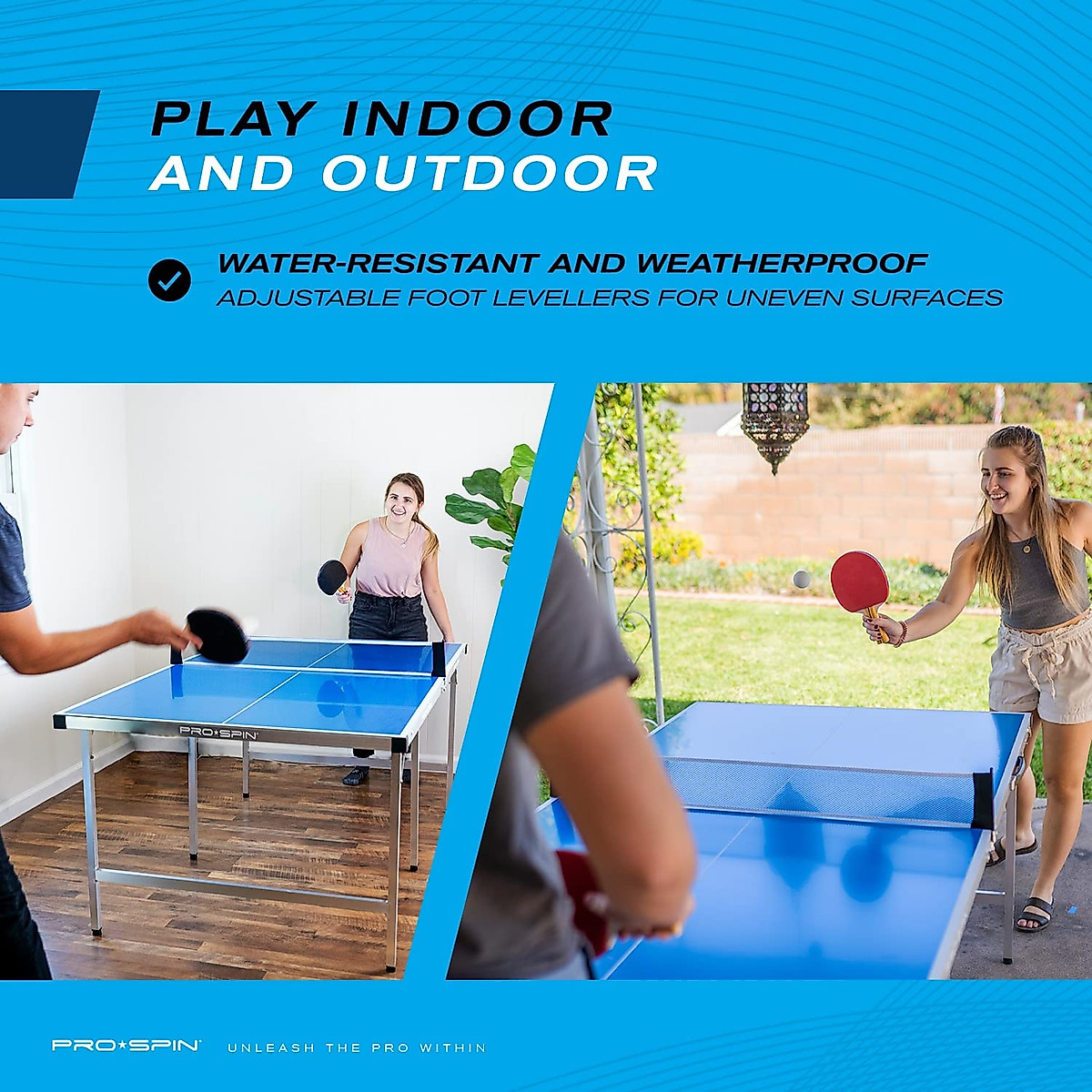 PRO-SPIN Midsize Ping Pong Table | Foldable | Complete Set with Premium Ping Pong Paddles & Balls | 100% Pre-Assembled | Portable Aluminum Table Tennis Table | Weatherproof Indoor/Outdoor Table Tennis