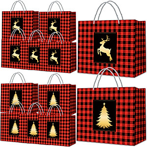 12 Pcs Large Christmas Gift Bags Bulk, 250g Gift Box-Grade Sturdy White Cardboard Xmas Paper Goodie Bags with Handles, 12.6"x9.84"x6.7" Christmas Wrapping Bags Holiday Party Favor Treat Gift Bags