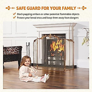 WICHEMI Fireplace Screen 3 Panel Folding Fireplace Screens 50.4 x 32.3 Inch Metal Furnace Fireguards Mesh Cover Baby Safe Proof Fence Spark Guard Cover Wrought Iron Fire Place Standing Gate (Golden)