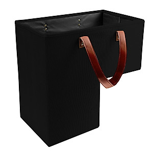 Home Tag Stair Baskets for Carpeted and Wooden Stairs - 16” L x 10” W x 16.5” H Foldable Staircase Basket with Leather Handles, Stair Step Storage Organizer for Home Office Decor (Black)