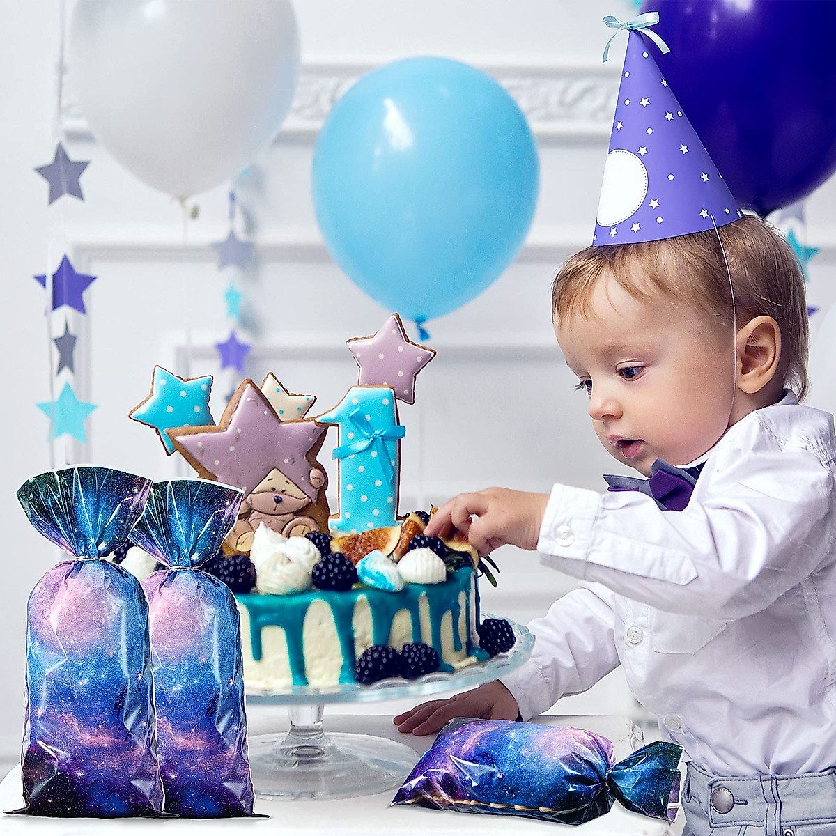 100 Pieces Outer Space Party Bags Plastic Galaxy Theme Bags Goodie Favor Bags Party Candy Bags with 100 Silver Twist Ties for Birthday Baby Shower Supplies
