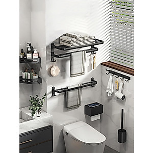 Towel Racks for Bathroom 24 inch, Matte Black Towel Rack Wall Mounted with Double Shelf, Bathroom Towel Shelf with Towel Bar, Rustproof Wall Towel Rack with Hooks, Adhesive Bath Towel Holder