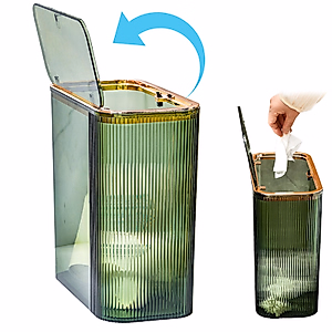 Naisicore Bathroom Trash Can with Lid, Space-Saving Green Trash Can, Slim Waste Basket, Clear Bathroom Garbage Can for Bedroom, Kitchen, Office (12.2x6.1x11.8in)