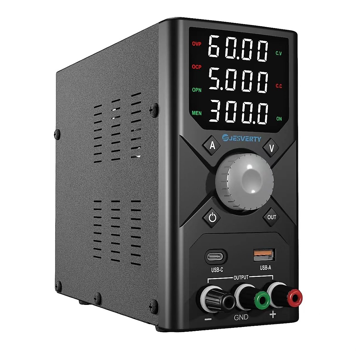 Jesverty DC Power Supply Variable, 0-60V 0-5A Adjustable Switching DC Regulated Bench Power Supply with 20W USB & Type-C Quick-Charge, Encoder Knob, 4-Digit LED Display, Preset Memory - SPS-6005X