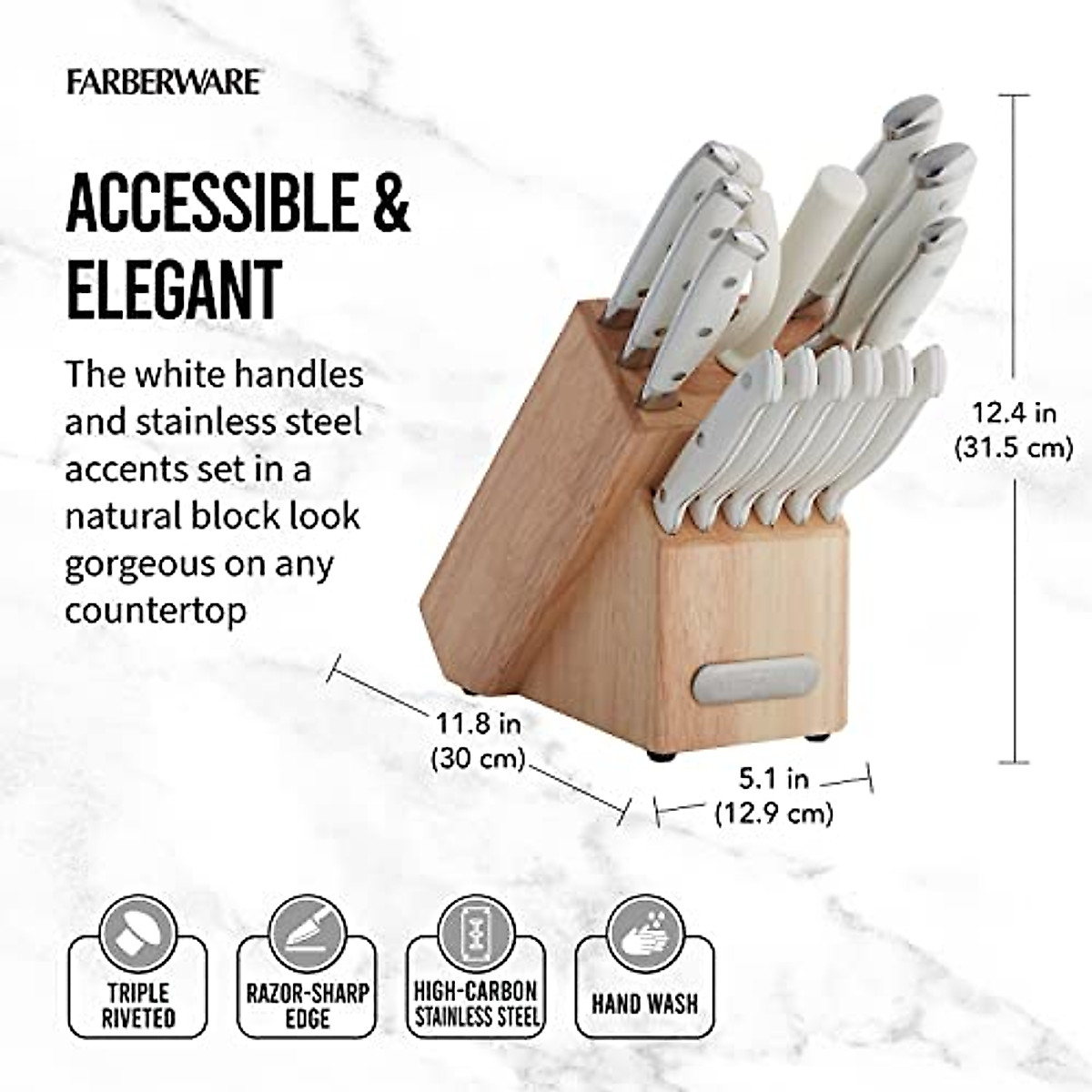 Farberware 15-Piece Forged Triple Rivet Knife Block Set, Razor-Sharp Kitchen Knife Set with Wood Block, High-Carbon Stainless Steel, White