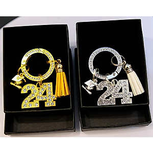 GRADFTY Graduation Gifts Keychain for Her High School College with Rhinestone 24 Silver Charm and Tassel