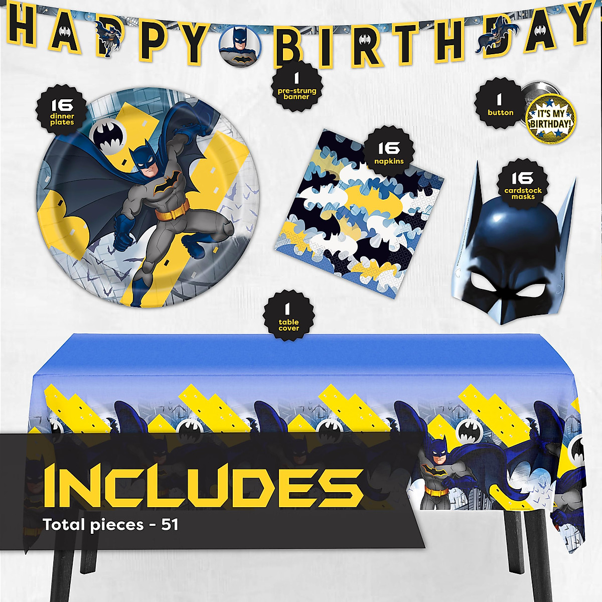 Batman Birthday Party Supplies | Batman Party Supplies | Batman Birthday Decorations | Batman Party Decorations | With Banner, Table Cover, Masks, Plates, Napkins, Button | For Boys or Girls | Serves