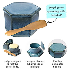 French Butter Crock w/Lid & Wood Spreading Knife - Blue Butter Keeper for Countertop - Modern Hexagon Shape Butter Keeper - Stoneware Butter Crock - Dishwasher, Oven & Microwave Safe Butter Storage