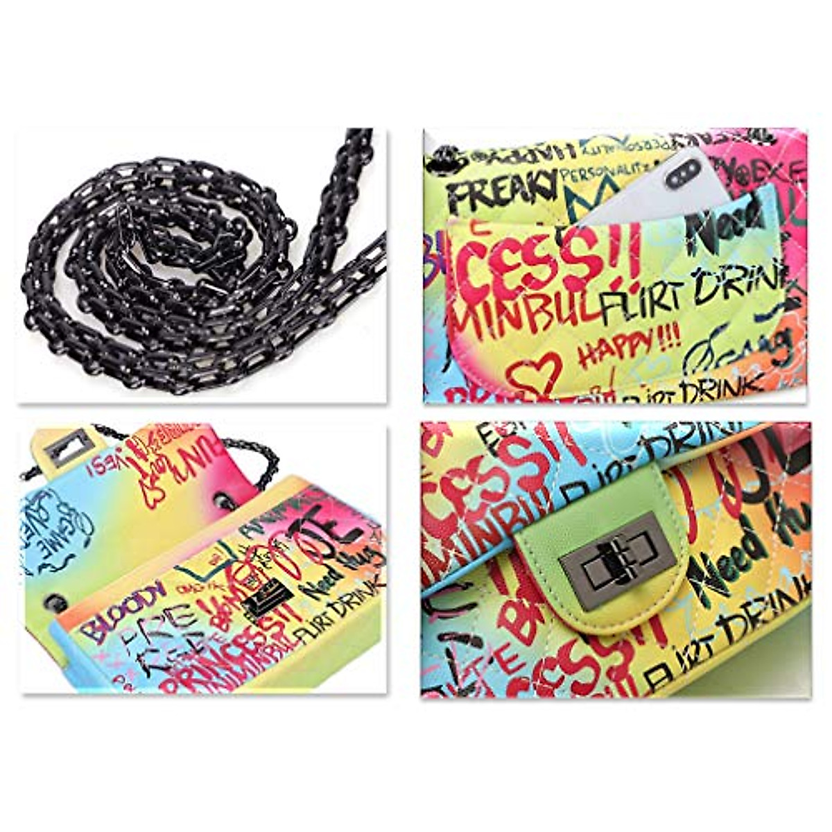 VOGUZY Women Graffiti PU Multicolour Quilted Purse Lattice Clutch Shoulder Bag Classic Cross Body with Chain Satchel Handbags Yellow Graffiti