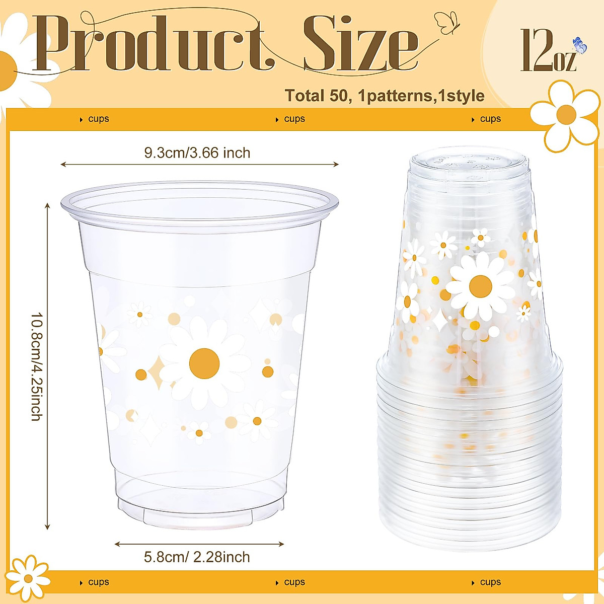 Yaomiao 50 Pieces Daisy Plastic Cups 12 Oz Bulk Retro Hippie Clear Disposable Cups Daisy Flower Drinking Beverage Cups for Birthday Baby Shower Bridal Shower Bachelorette Party Decoration Supplies