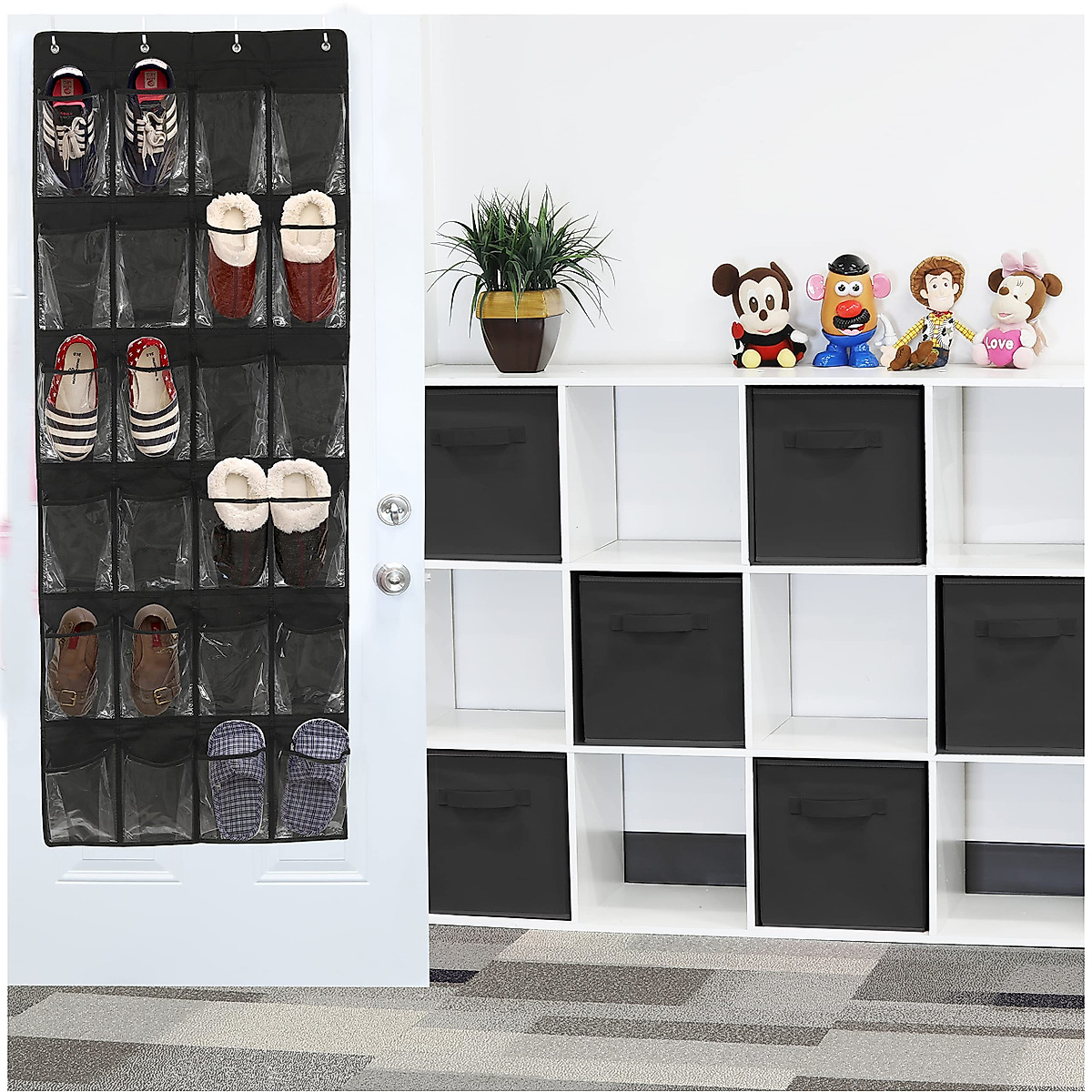 Simple Houseware 24 Pockets - Crystal Clear Over The Door Hanging Shoe Organizer, Black (64'' x 19'')