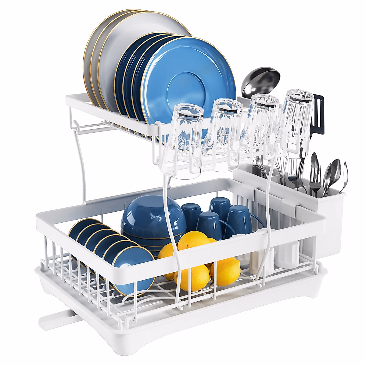 Semounva Dish Drying Rack, 2 Tier Large Capacity Dish Rack and Drainboard Set, Rustproof Dish Drainer with Cup Holder, Utensil Holder, Cutting Board Holder for Kitchen Counter