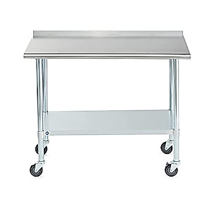 ROCKPOINT Stainless Steel Table for Prep & Work with Backsplash, Caster Wheels 48x24 Inches, NSF Metal Commercial Kitchen Table with Adjustable Under Shelf & Table Foot for Restaurant, Home & Hotel