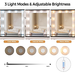 ANWBROAD Farmhouse Makeup Vanity Desk with Mirror and Lights White Vanity Desk 43" W Glass Tabletop Vanity Table with Charging Station & 2 Cabinets Big Modern Dressing Table Stool for Bedroom UBDT71W