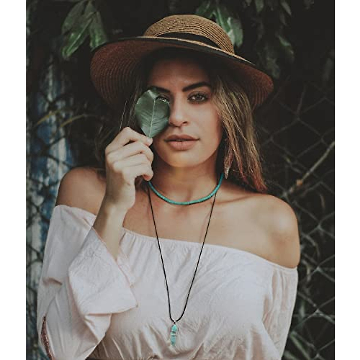 Aobei Pearl Simulated Turquoise Choker Blue Clay Seed Beads Necklace Bohemian Jewelry for Women 15”