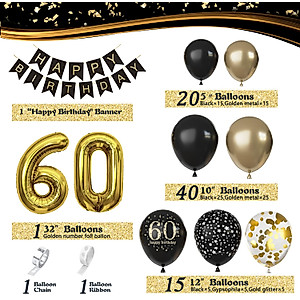 60th Birthday Decorations for Men Women, Black and Gold 60th Birthday Balloons Set Party Decorations with Happy 60th Birthday Decorations Banner，Black Gold Decor for 60th Birthday Party