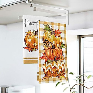 Seliem Fall Hello Pumpkin Patch Kitchen Dish Towels Set of 2, Autumn Maple Leaves Hand Towels Buffalo Plaid Check Drying Baking Cooking Cloth, Farmhouse Thanksgiving Home Kitchen Decor 18x26 Inch