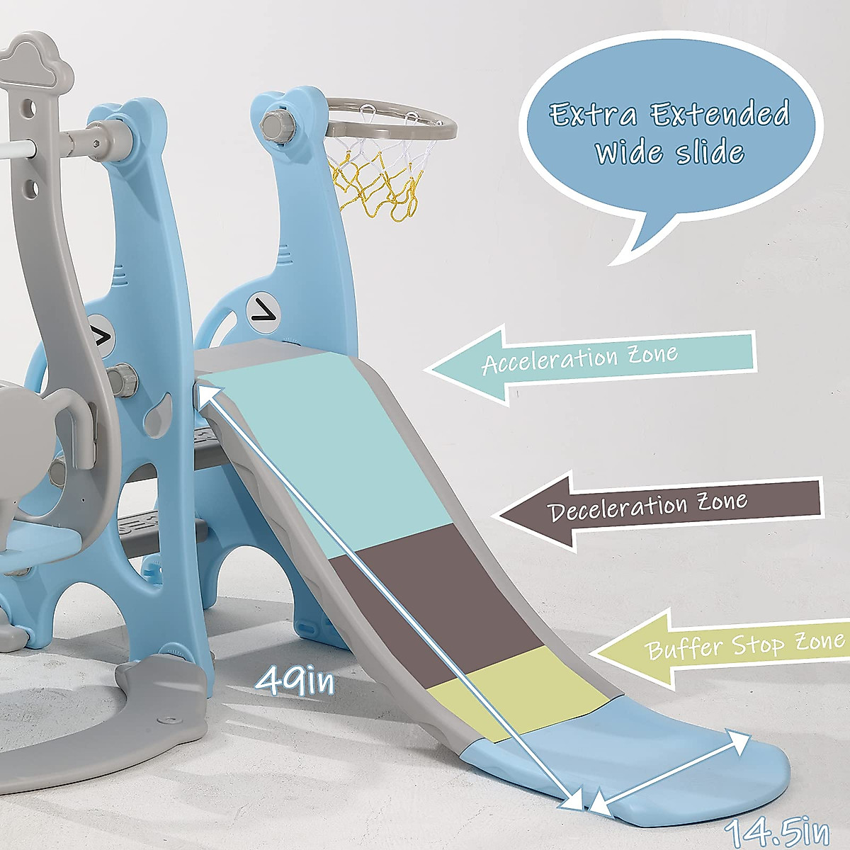 LANGYI Children's Four in One Slide Swing，with Basketball Frame and Ball Extra Long Slide，Children's That Can Be Installed at Will Indoor Outdoor Garden (Blue)