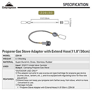 CAMPINGMOON Camping Grill Propane Gas Stove Adapter with Extend Hose(11.8"/30cm), Input: EN417 Lindal Valve Canister, Output: Propane Gas Stove Z29-30