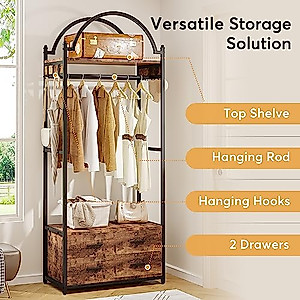 Tribesigns Stylish and Versatile Clothes Rack with Shelves Drawers and Hooks, Modern Closet Organizer, Durable Garment Wardrobe Storage Shelving with Hanging Rod (Rustic Brown)