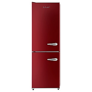 iio 24" 11 Cu Ft Bottom Freezer Retro Refrigerator, Fridge for Bedroom, Multiflow 360°, Small Mini Ice Cube Tray, 1 Fruit container, LED, Dorm Office Beverage Quiet Compressor, Wine Red (Left Hinge)
