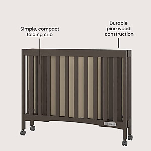 Child Craft London Mini Compact Folding Portable Crib with 2” Crib Mattress and 2 Easy Roll Locking Wheels, Durable Pine Wood Construction (Dapper Gray)