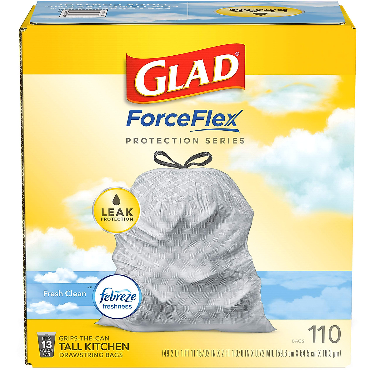 GLAD ForceFlex Tall Kitchen Drawstring Trash Bags, 13 Gallon Grey Trash Bag for Kitchen, Fresh Clean with Febreze Freshness and Leak Protection, 110 Count