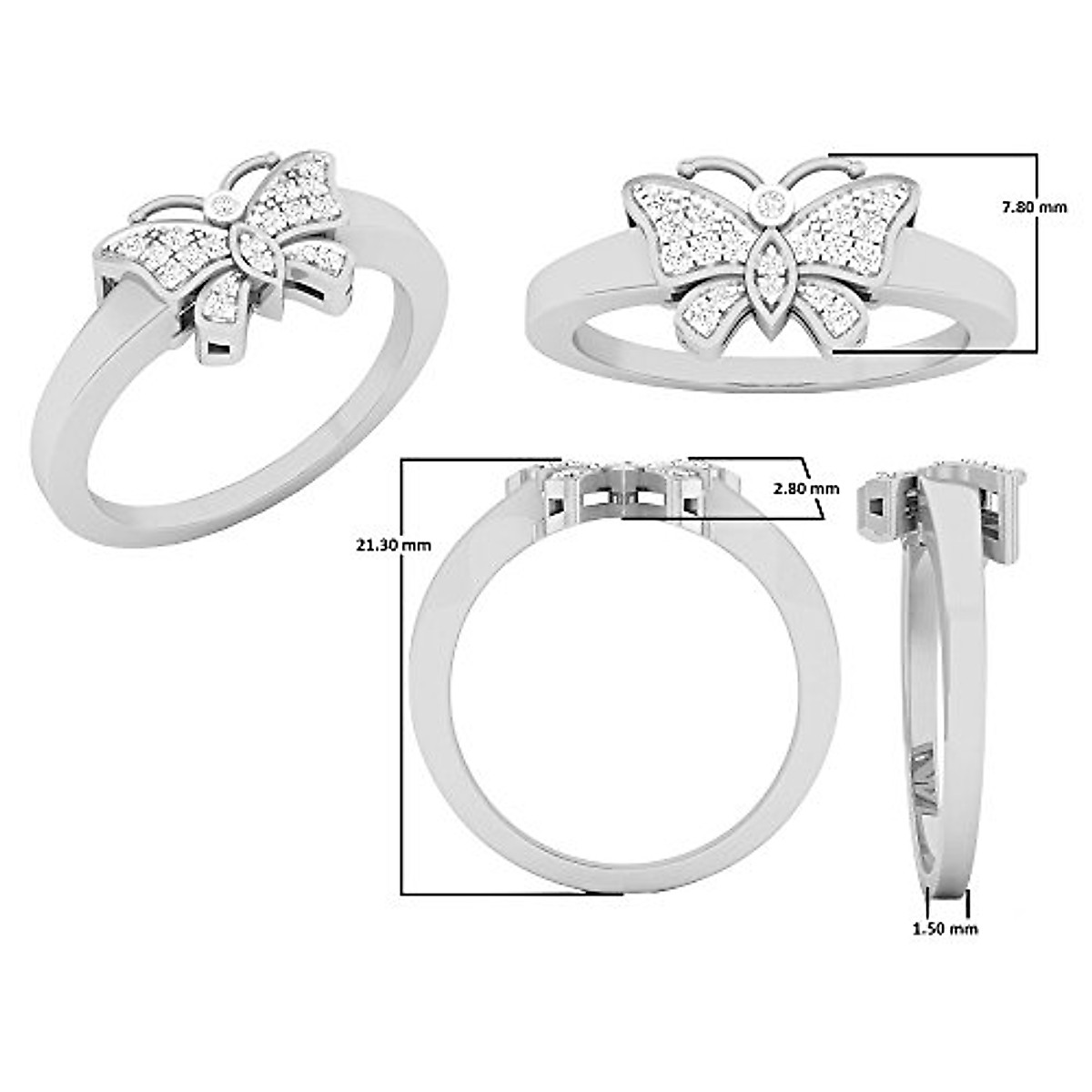 Dazzlingrock Collection 0.10 Carat (ctw) 10K Round White Diamond Right Hand Butterfly Ring 1/10 CT, White Gold, Size 6