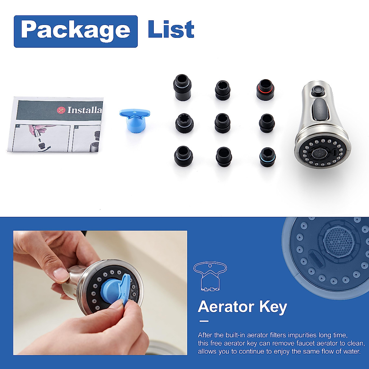 Kitchen Faucet Spray Head Replacement - Pull Down Faucet Sprayer Head with 9 Adapters, 3-Function Kitchen Sink Faucet Head, Replacement Pull Out Faucet Head, Brushed Nickel