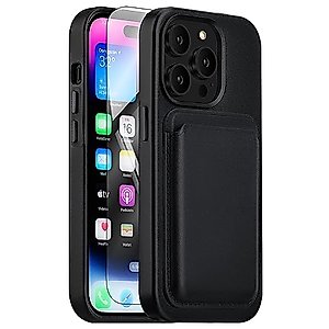 THMEIRA Compatible with iPhone 14 Pro Leather Case [ Compatible with MagSafe ] with Magnetic Wallet Card Holder [ PU Leather ] [ Slim Fit ] with Tempered Glass Screen Protector - Black