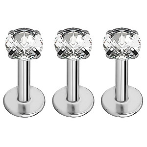 Forbidden Body Jewelry 16G Surgical Steel Labret/Cartilage/Helix/Tragus/Lip Rings, Internally Threaded Earring Studs Piercing Jewelry (3mm CZ Top)