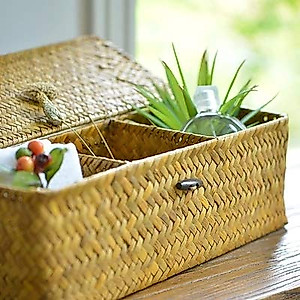 3 Grids Hand-Woven Water Hyacinth Baskets With Lid, Straw Storage Basket