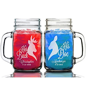 Her Buck His Doe Set of 2 Personalized Mason Jars Rustic Custom Etched for Wedding, Engagement Anniversary Bridal Party Gift of Favor for Newlyweds Couple Gift Idea Barn Wedding Hunting Theme