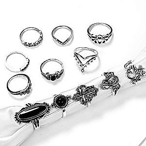Missgrace Bohemian Vintage Silver Black Stone Knuckle Ring Set Vintage Carving Elephant Cross Boho Stackable Rings for Women 12Pcs (Style 1)