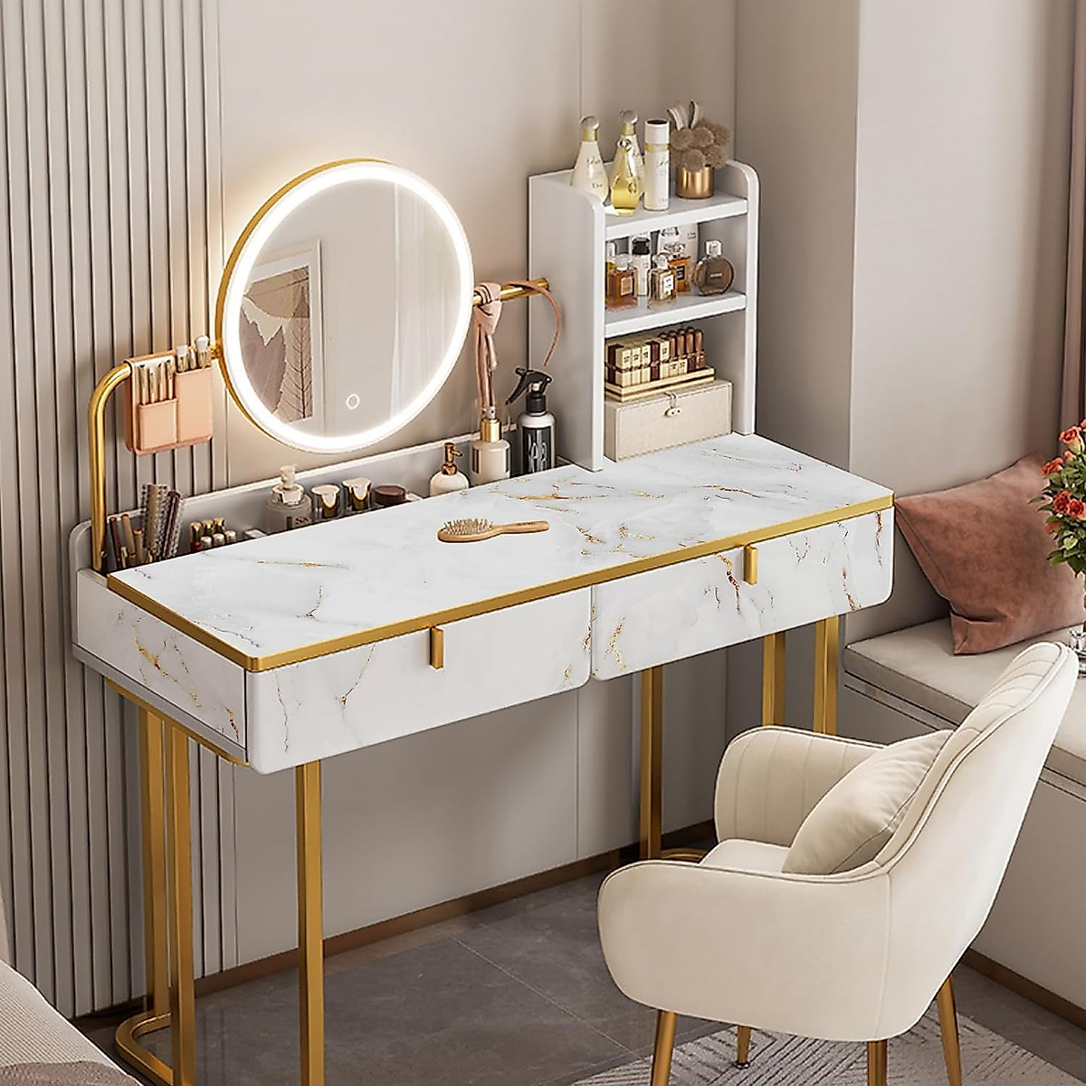 Anmon Marble Contact Paper for Countertop 17.7" x 118", Peel and Stick Wallpaper Thick for Cabinets, Self Adhesive Waterproof Wallpaper, Removable Matte White Gold Marble Wall Paper Roll Kitchen Wall