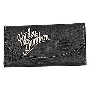 Harley-Davidson Women's Embroidered Script Tri-Fold Wallet, Black ZWL3871-CRMBLK