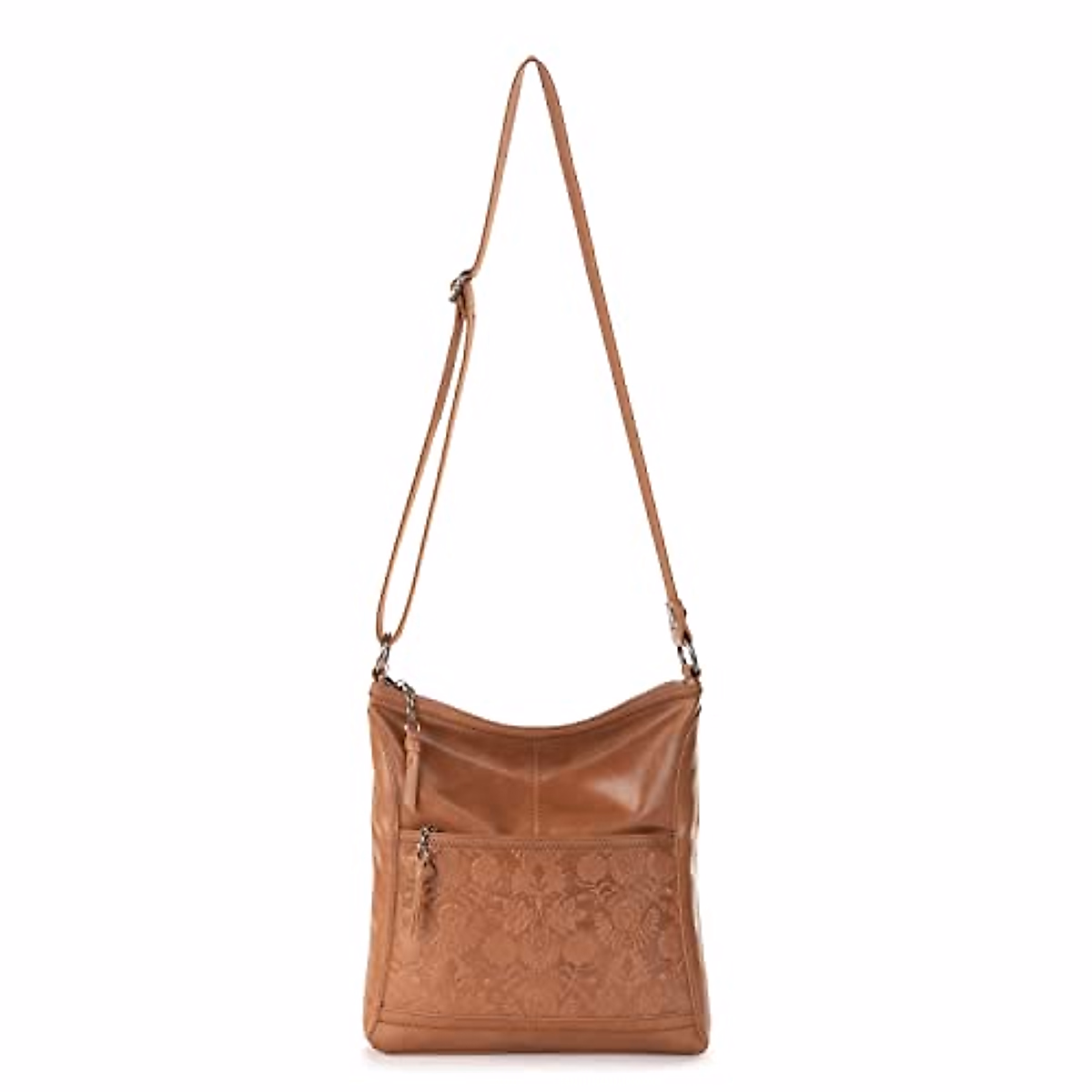 The Sak Womens Iris Crossbody in Leather Casual Purse With Adjustable Strap Zipper Pockets, Tobacco Floral Embossed, One Size US
