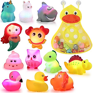 12 PCS Light Up Bath Toys with Duck Mesh Tub Storage Organizer, Toddler Flashing Color Changing LED Bathtub Mermaid Toy in Water for Kids
