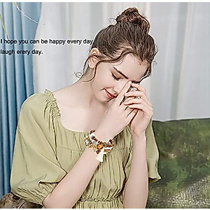 Tree of Life Leather Bracelets for Women Bohemian Stretch Wood Beaded Bracelets for Women Boho Tassel Bracelet Multilayer Stackable Bracelets Christmas Birthday Jewelry Gifts for Teens Girls