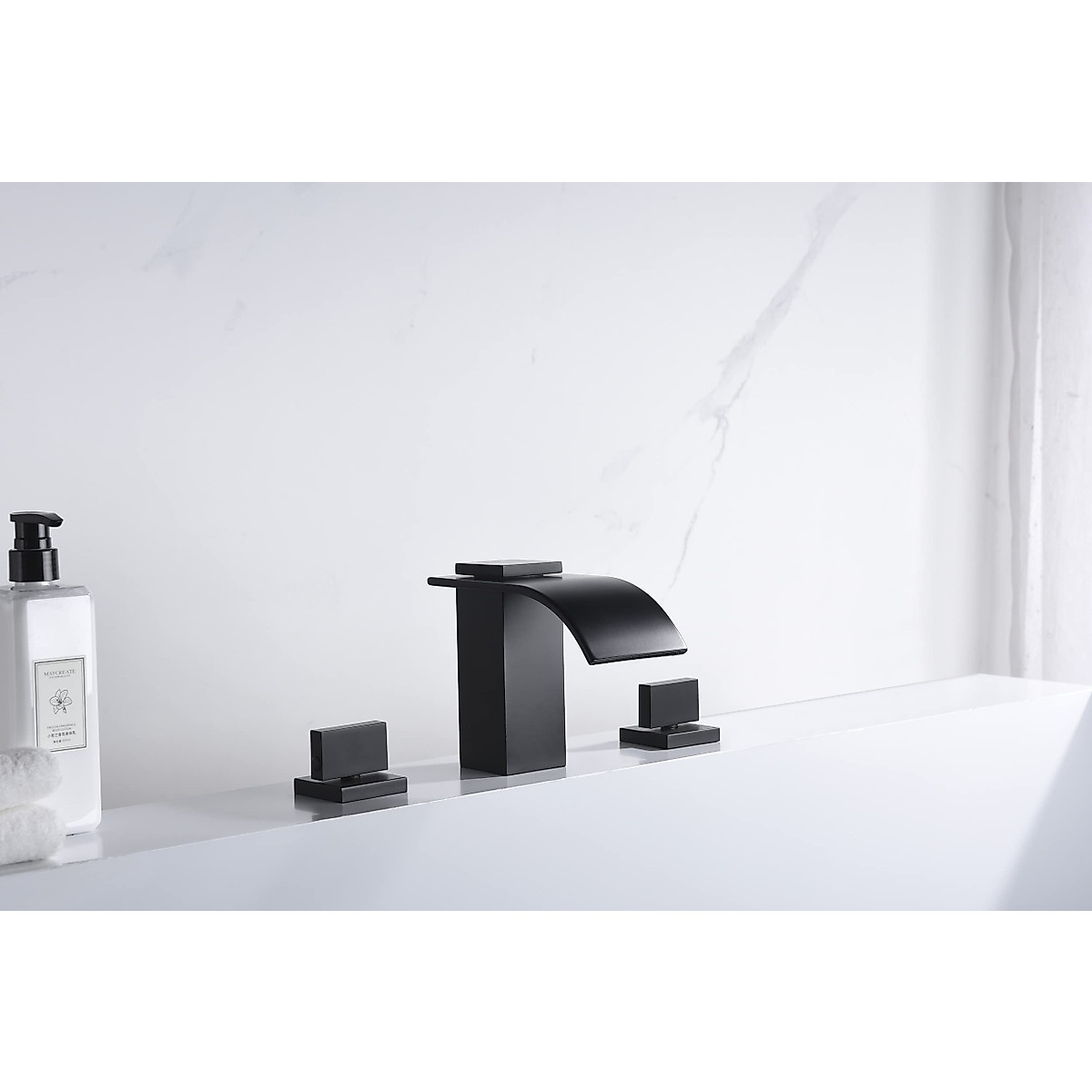 sumerain Black Waterfall Tub Faucet Deck Mount 3 Hole Widespread Bathtub Faucet with Valve