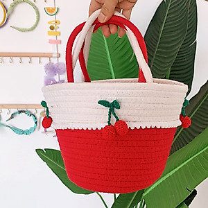 LOHGOU Women Girls Handwoven Cotton Handbag Cute Cherry Tote Bag Summer Beach Purse (Red)
