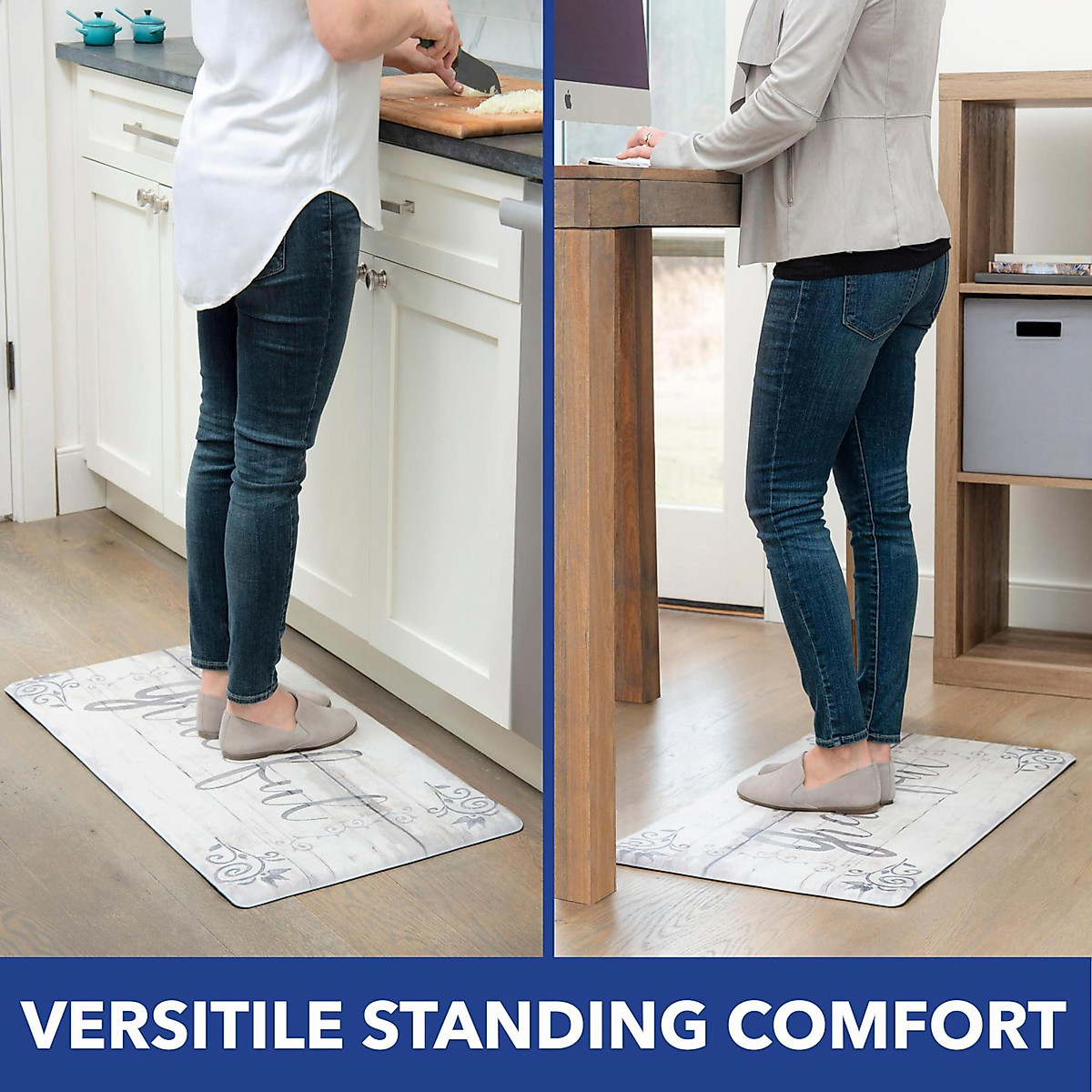 Home Dynamix Cozy Living Grateful Floral Runner Anti-Fatigue Kitchen Mat, Non-Slip Floor Mat, Padded Standing Desk Mat, Grey/Cream, 17.5"x30"